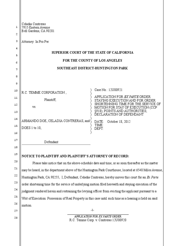 Application for Ex Parte Order Staying Execution and Shortening Time ... Application for Ex Parte Order Staying Execution and Shortening Time ...