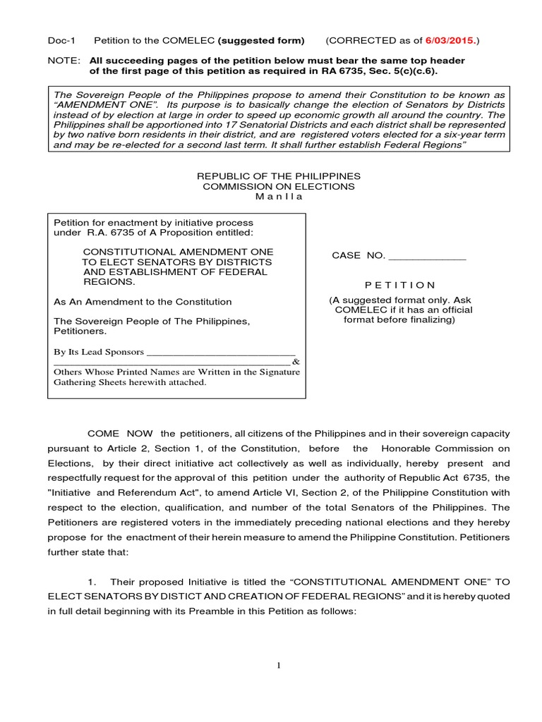 Petition for Constitutional Amendment on Senatorial Elections | PDF ...