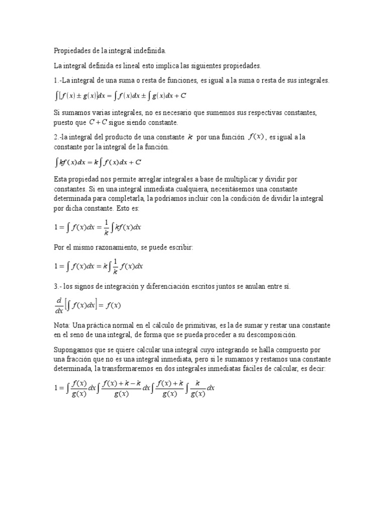 Propiedades de La Integral Indefinida | PDF | Integral | Derivado