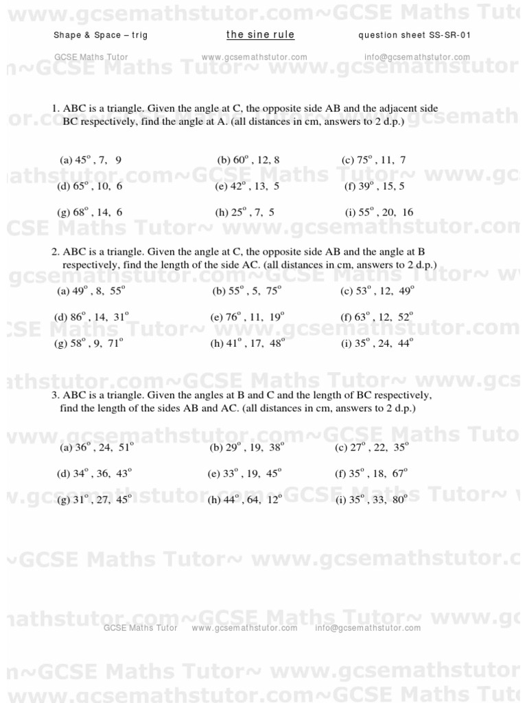 The Sine Rule Worksheet #01, Shape & Space Revision From GCSE Maths ...