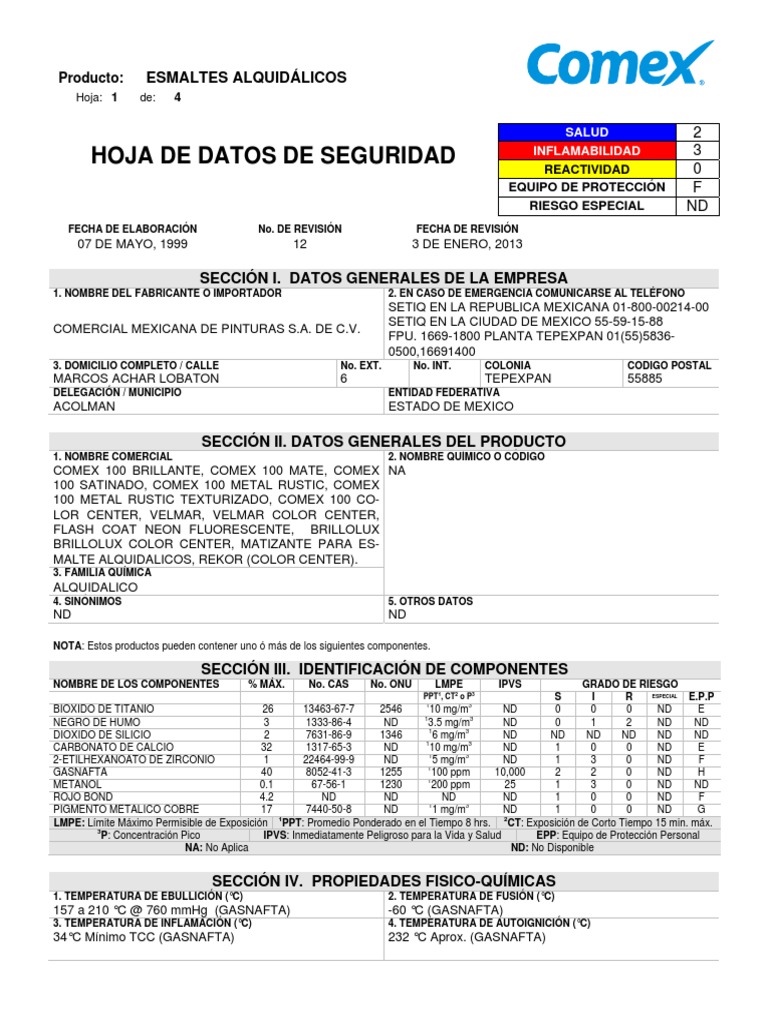 Hoja de Datos de Seguridad de Pintura en Areosol Comex | PDF | Agua | Ciencias fisicas