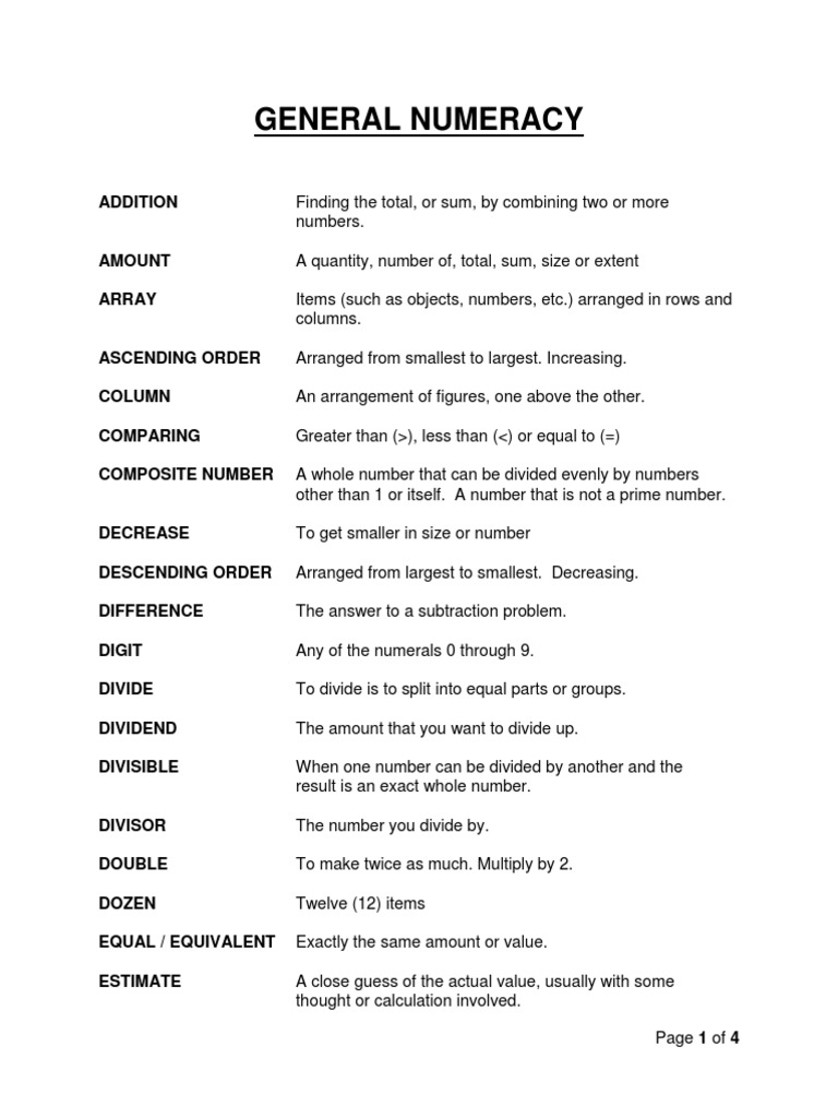 General Math Terms Glossary | PDF | Division (Mathematics) | Numbers