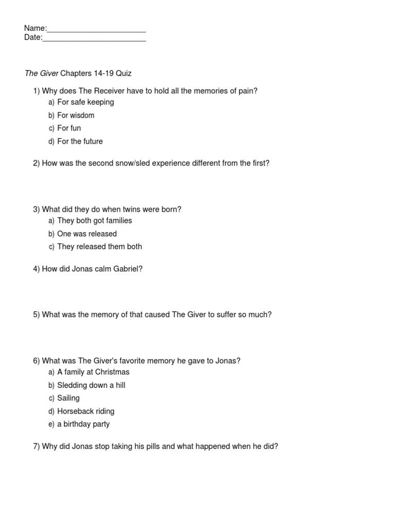 The Giver Chapters 14-19 Quiz | PDF | Sports & Recreation