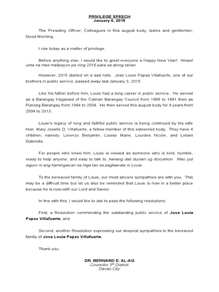 PRIVILEGE SPEECH for Jan 6 2015 Louie Villafuerte