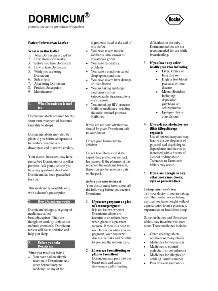 Dormicum Tablet 7.5mg (Midazolam) - Roche 12-Nov-2012 PDF | PDF