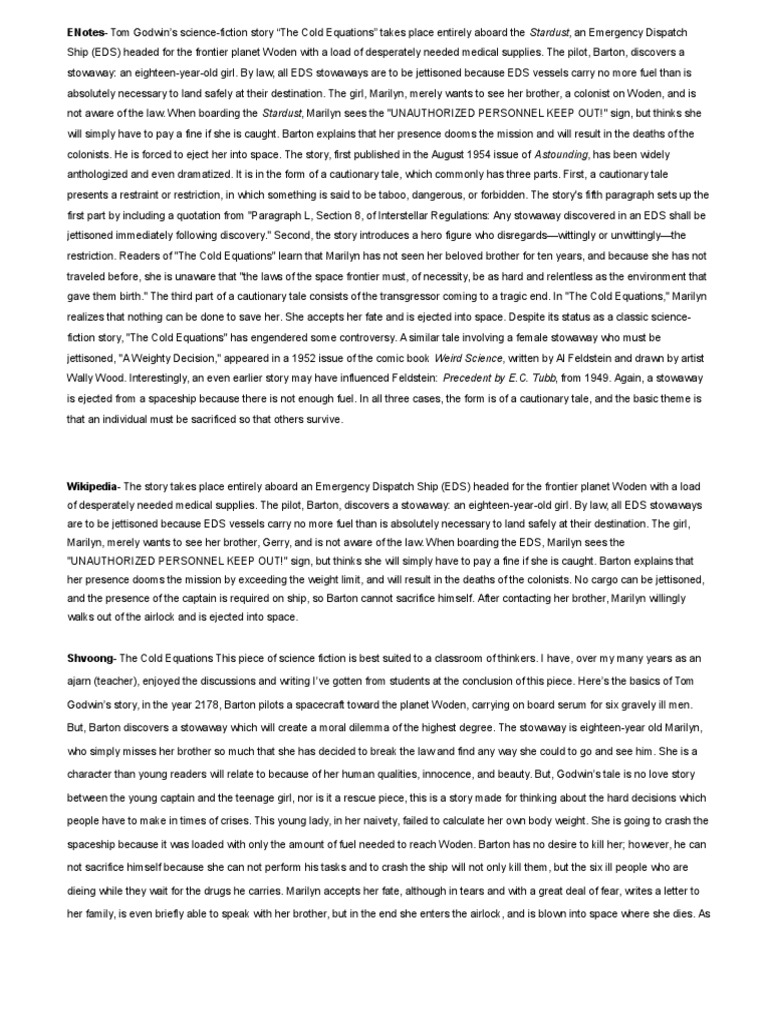 The Cold Equation Summary | PDF