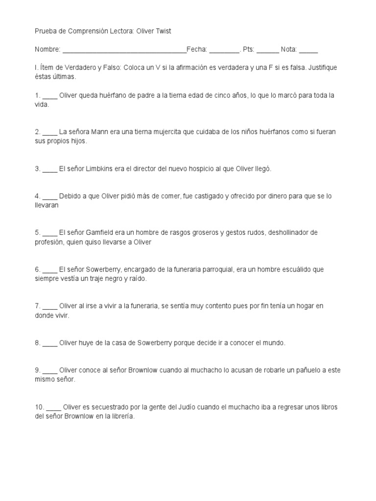 Prueba de Oliver Twist | PDF