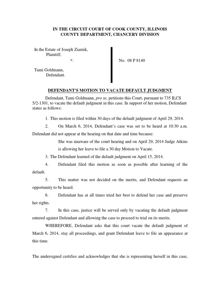 Defendant's Motion to Vacate Default Judgment Defendant's Motion to Vacate Default Judgment