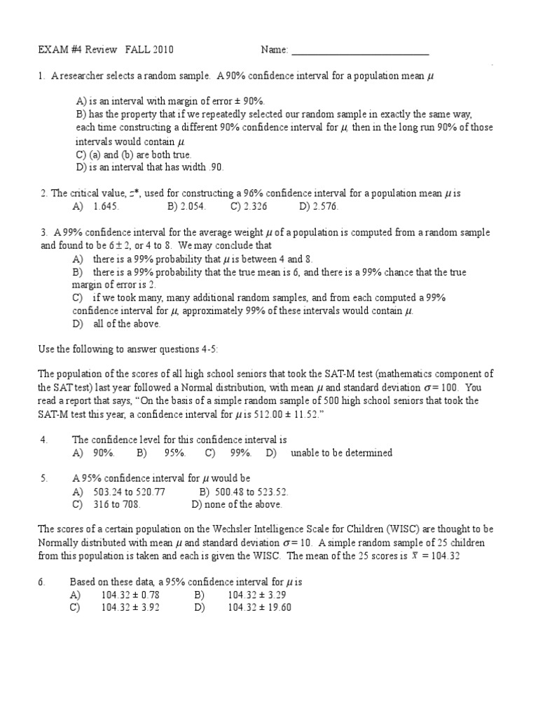 EXAM 4 Review Fall 2010 Converted RTF With Key | PDF | P Value ...