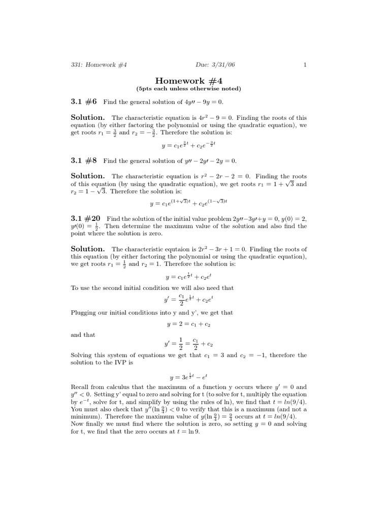 Differential Equations Homework 4 | PDF | Trigonometric Functions | Equations