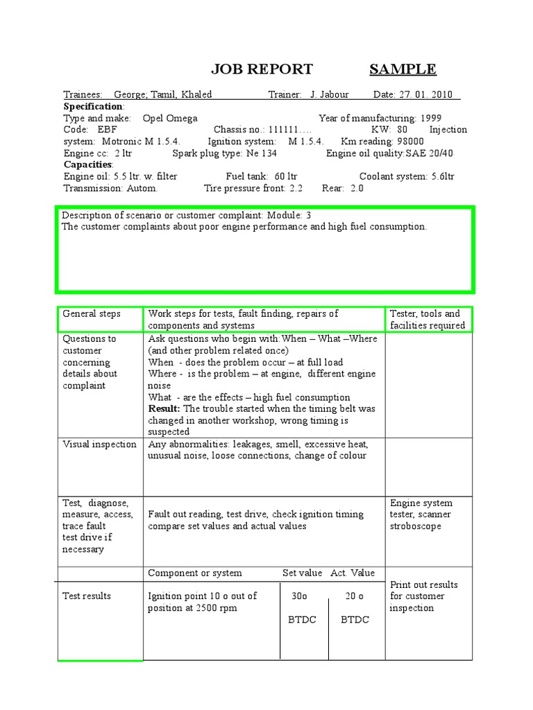 Job Report Sample: Specification | PDF | Vehicle Technology | Engines