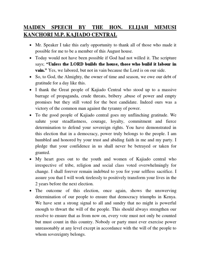 Maiden Speech by The Hon. Elijah Memusi Kanchory | PDF | Kenya | Government