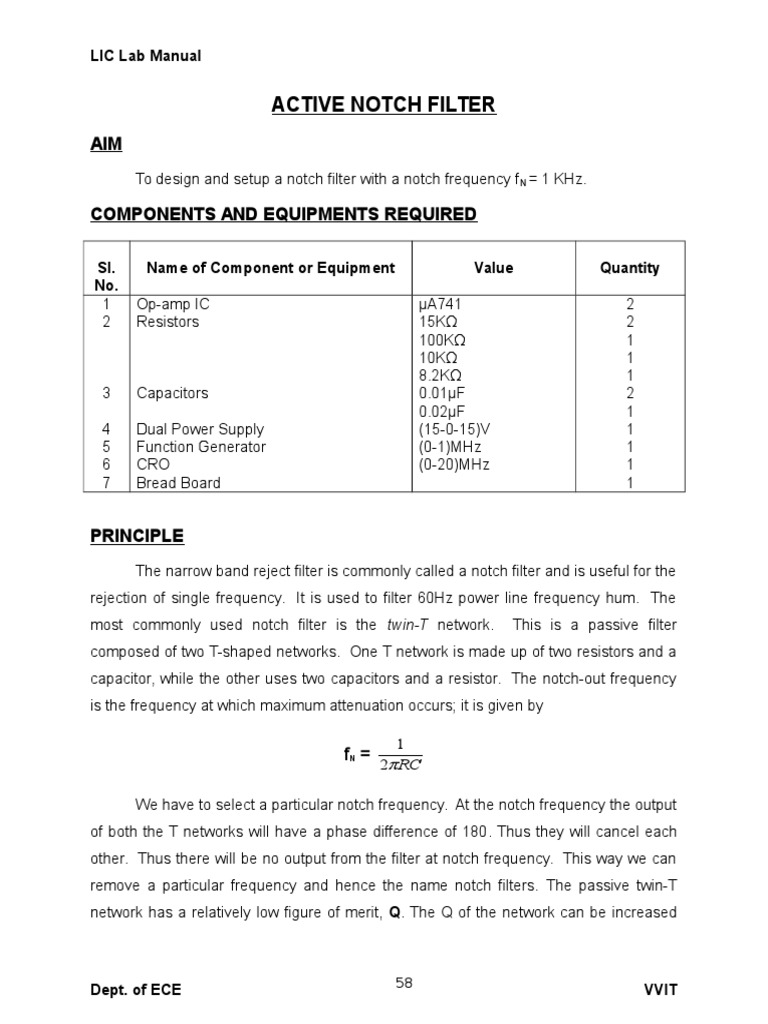 Linear Integrated Circuits Lab Manual-Active Notch Filter | PDF | Electronic Filter | Passivity ...
