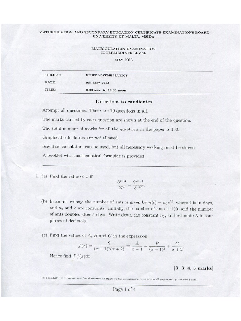 Pure Mathematics Intermediate Past Papers | PDF
