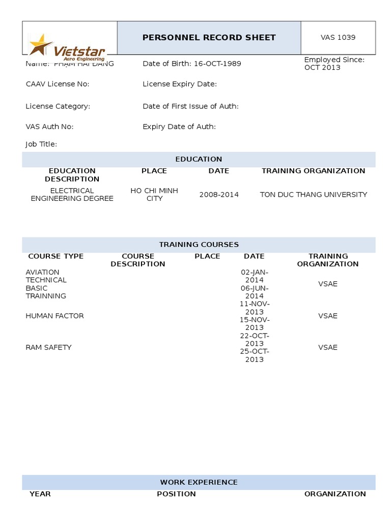 Personnel Record Sheet: Education Education Description Place Date ...