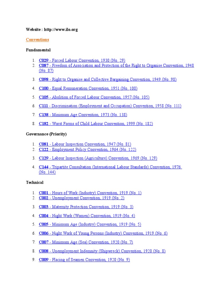 ILO Conventions Overview and Links | PDF | International Labour ...