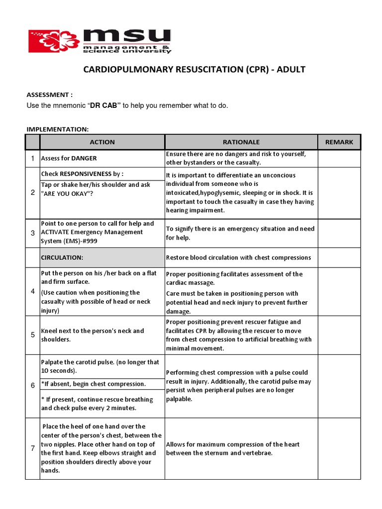 CPR Checklist | PDF | Cardiopulmonary Resuscitation | Medical Specialties