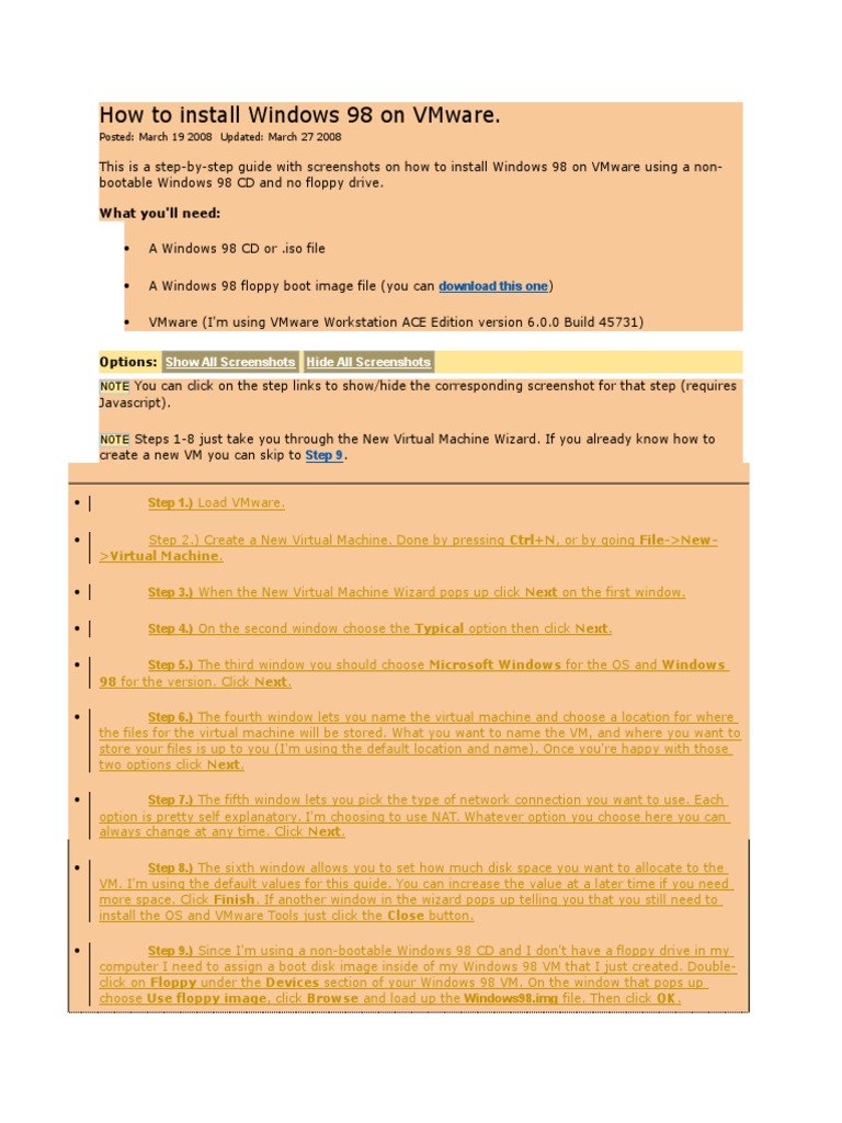 How To Install Windows 98 On VMware | PDF | Dos | Microsoft Windows