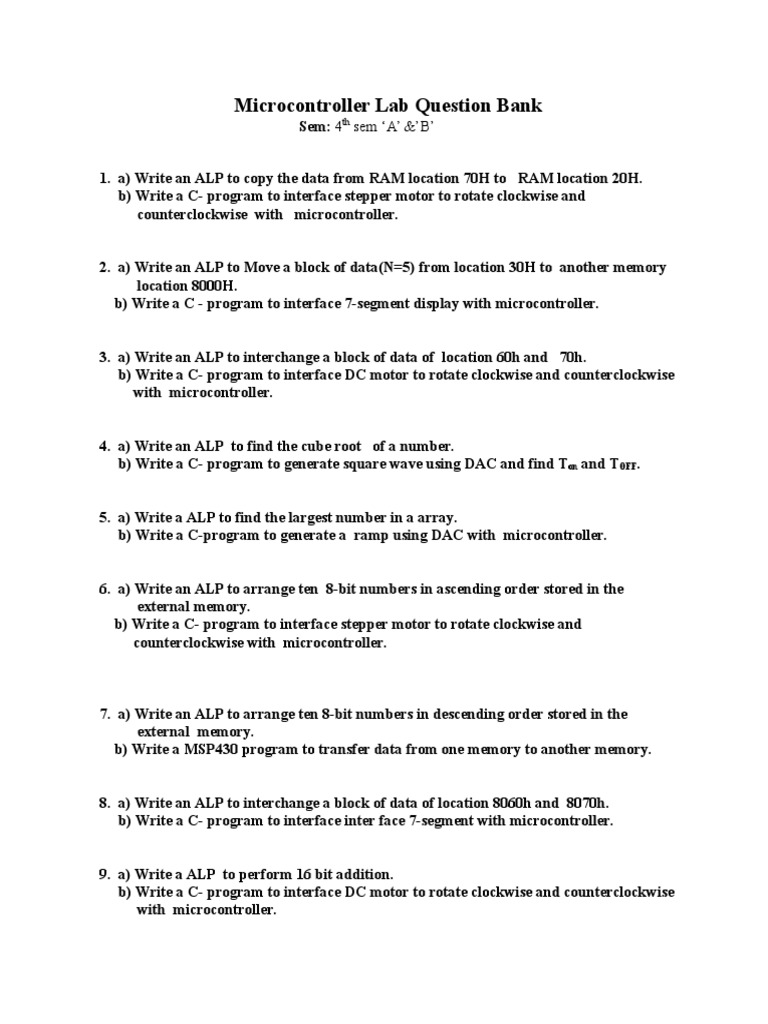 Microcontroller Lab Question Bank: Sem A' &'B' | PDF | Arithmetic ...