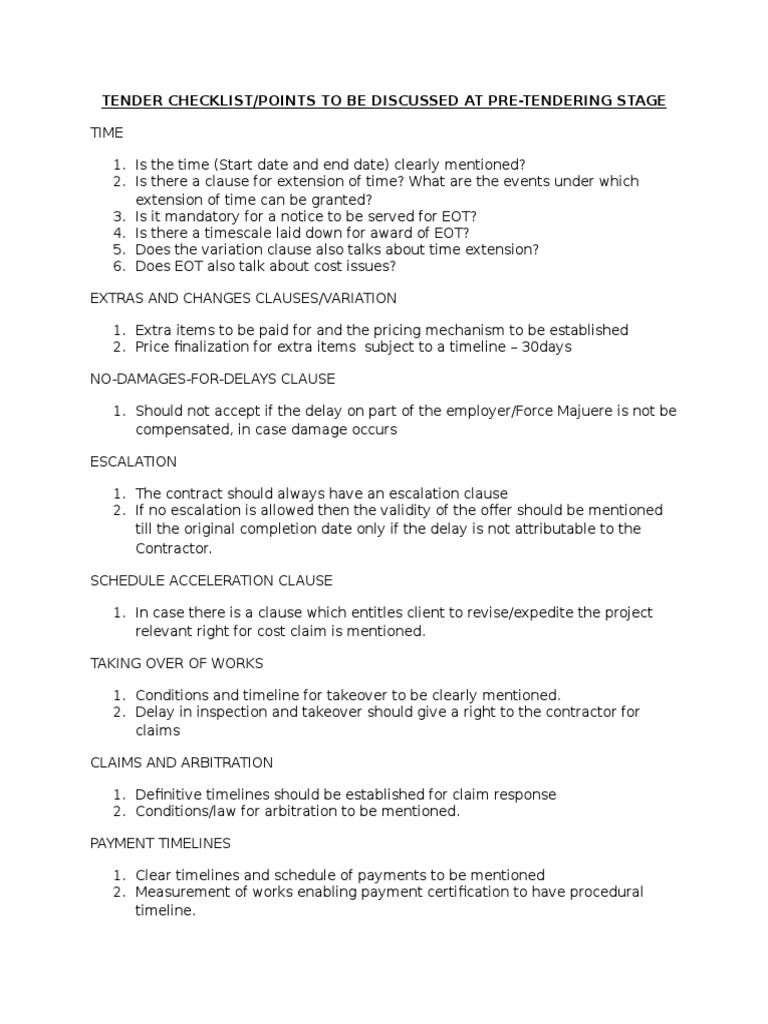 Pre-Tendering Checklist Guide | PDF