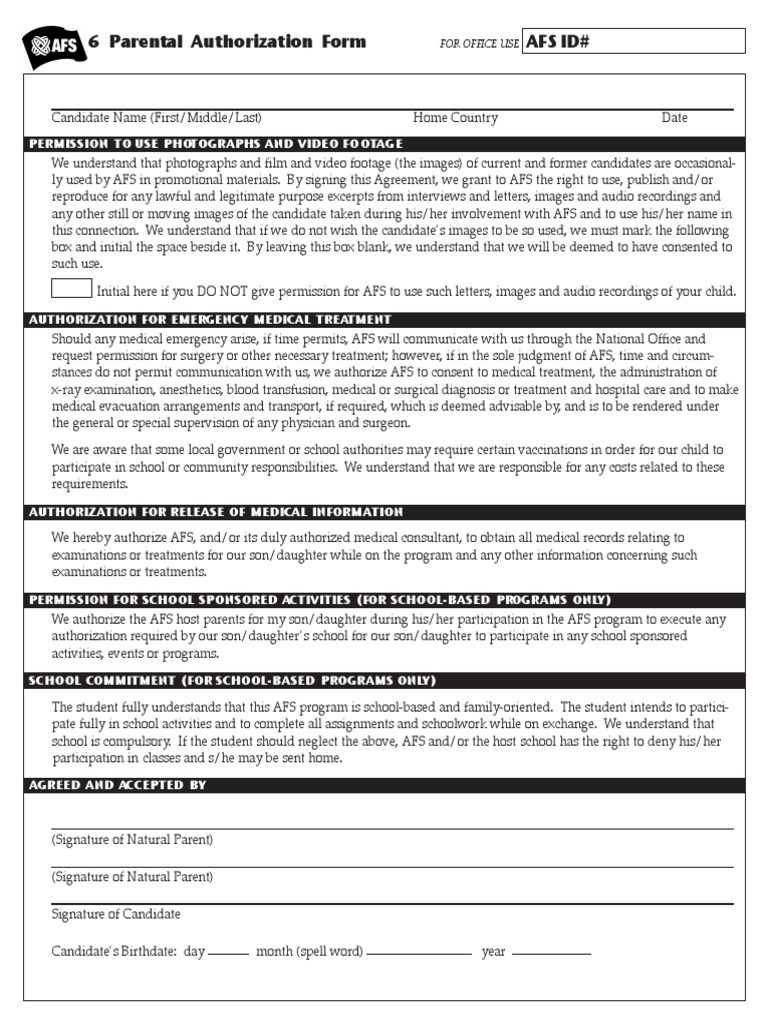 6 Parental Authorization Form Afs Id#: For Office Use | PDF | Surgery ...