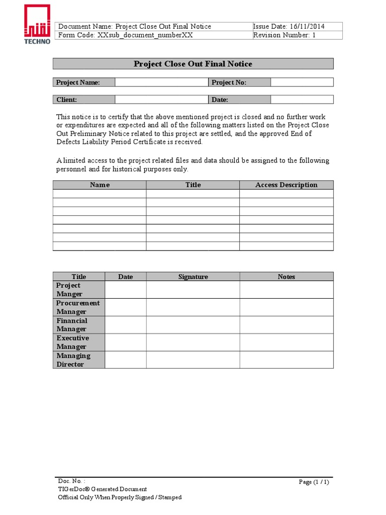 Project Close Out Final Notice Document | PDF