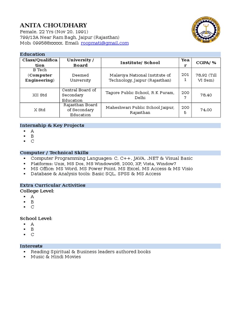 MNIT Resume Structure | PDF | Microsoft Access | Résumé