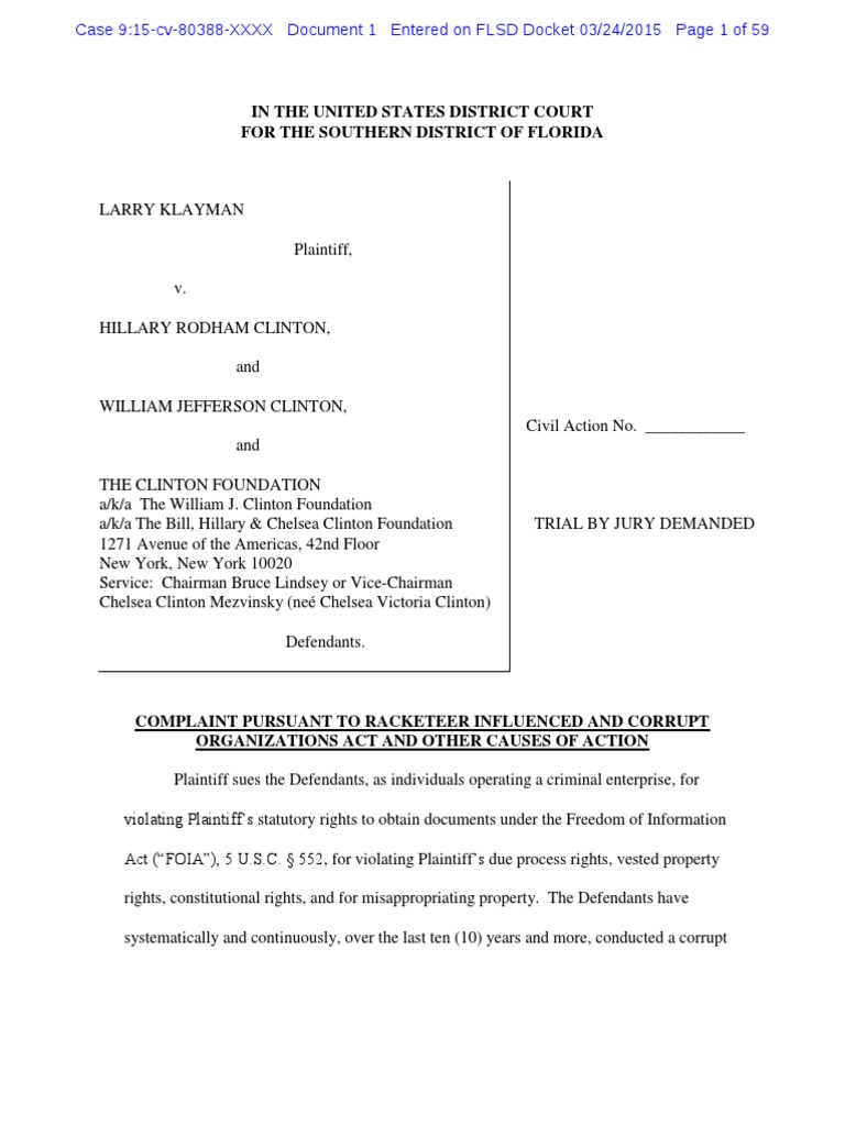 150324-Filed Clinton RICO Complaint | PDF | Freedom Of Information Act ...