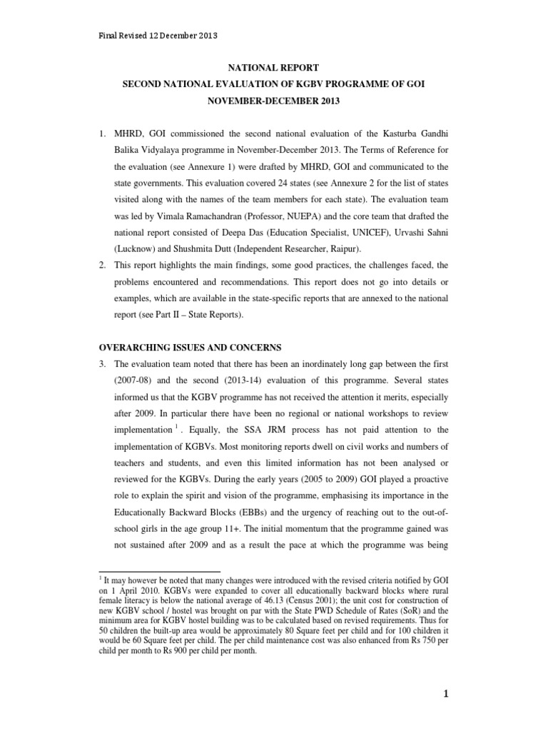 KGBV Programme Evaluation Report 2013 | PDF | Non Governmental ...