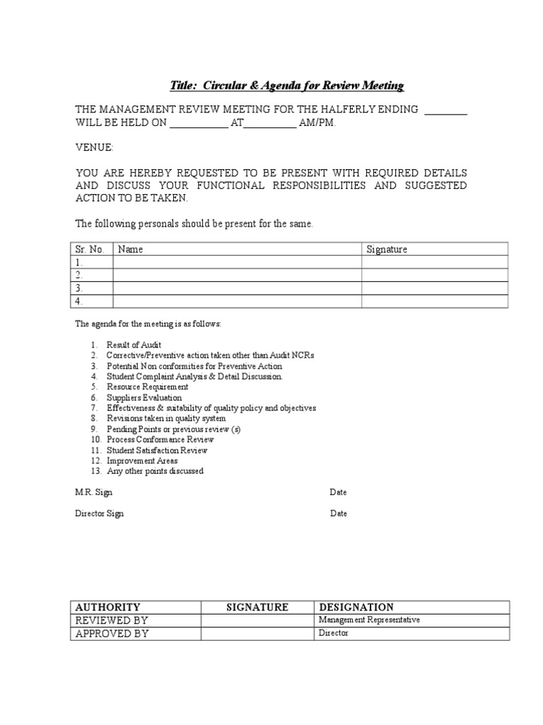 Title: Circular & Agenda For Review Meeting: Authority Signature ...