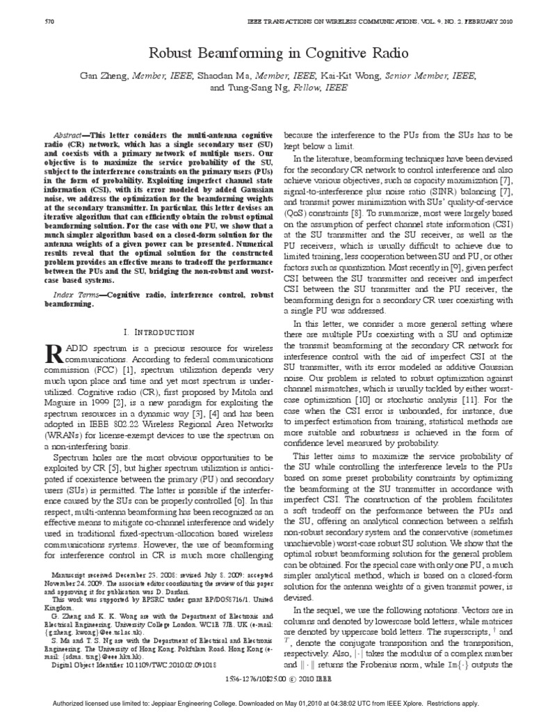Robust Beamforming in Cognitive Radio | PDF | Cognitive Radio | Mathematical Optimization