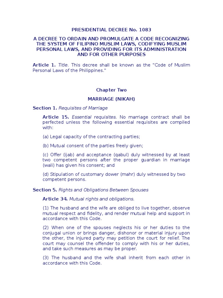 PD 1083 Muslim Code | PDF | Wife | Husband