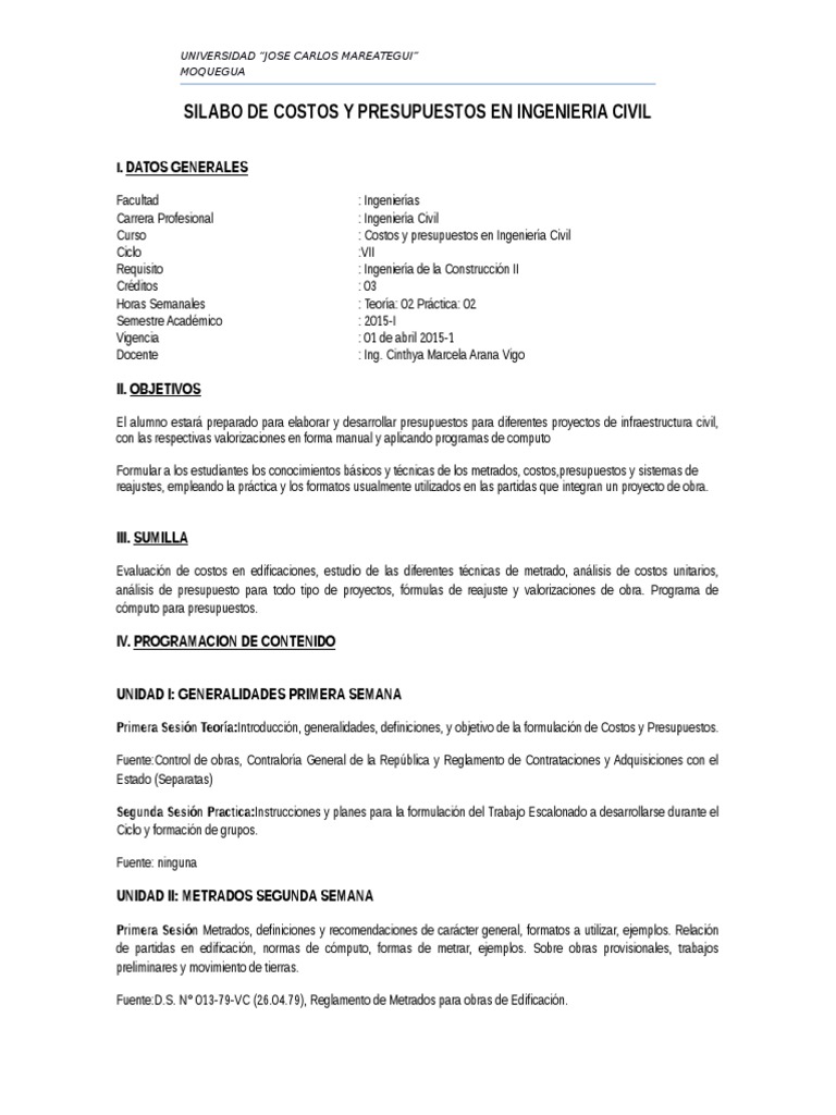 Silabo de Costos y Presupuestos en Ingenieria Civil | PDF | Presupuesto | Ingeniero civil