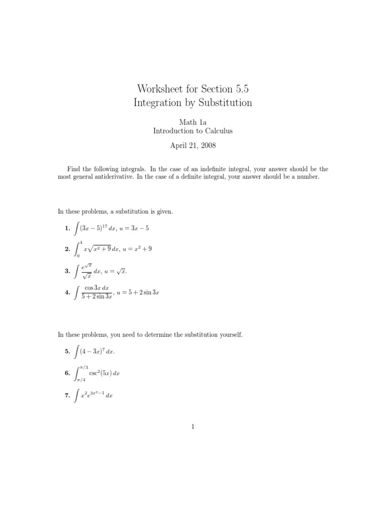 Integration by Substitution Worksheet | PDF