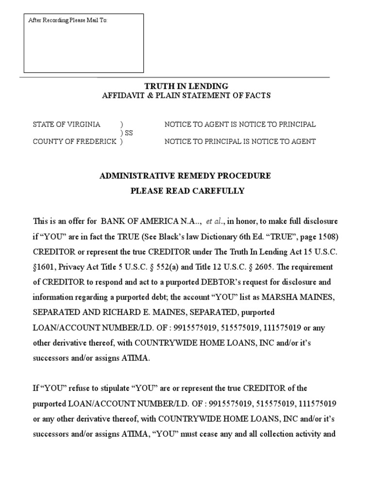 Truth in Lending - Affidavit - Template | Affidavit | Deposit Account