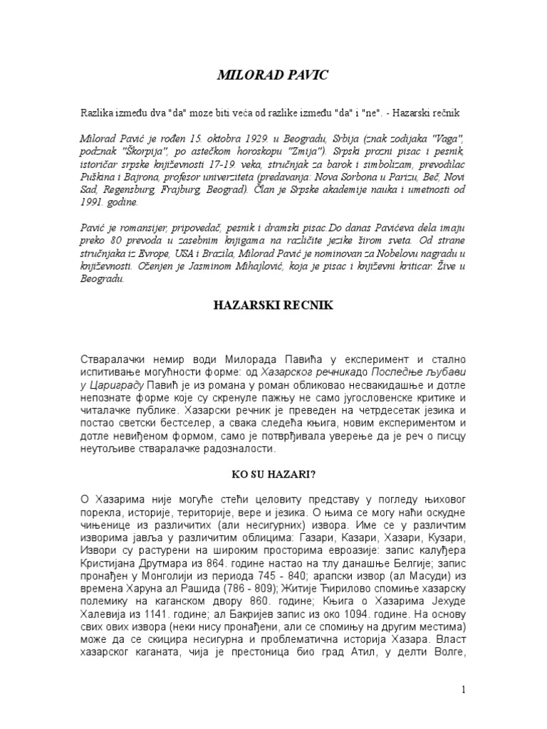 MILORAD PAVIC Hazarski Recnik | PDF