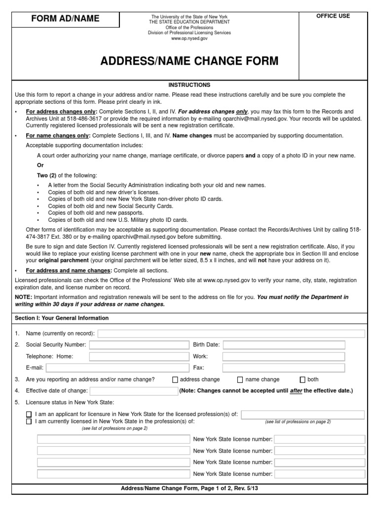 Address and Name Change Form | PDF | Identity Document | Licensure