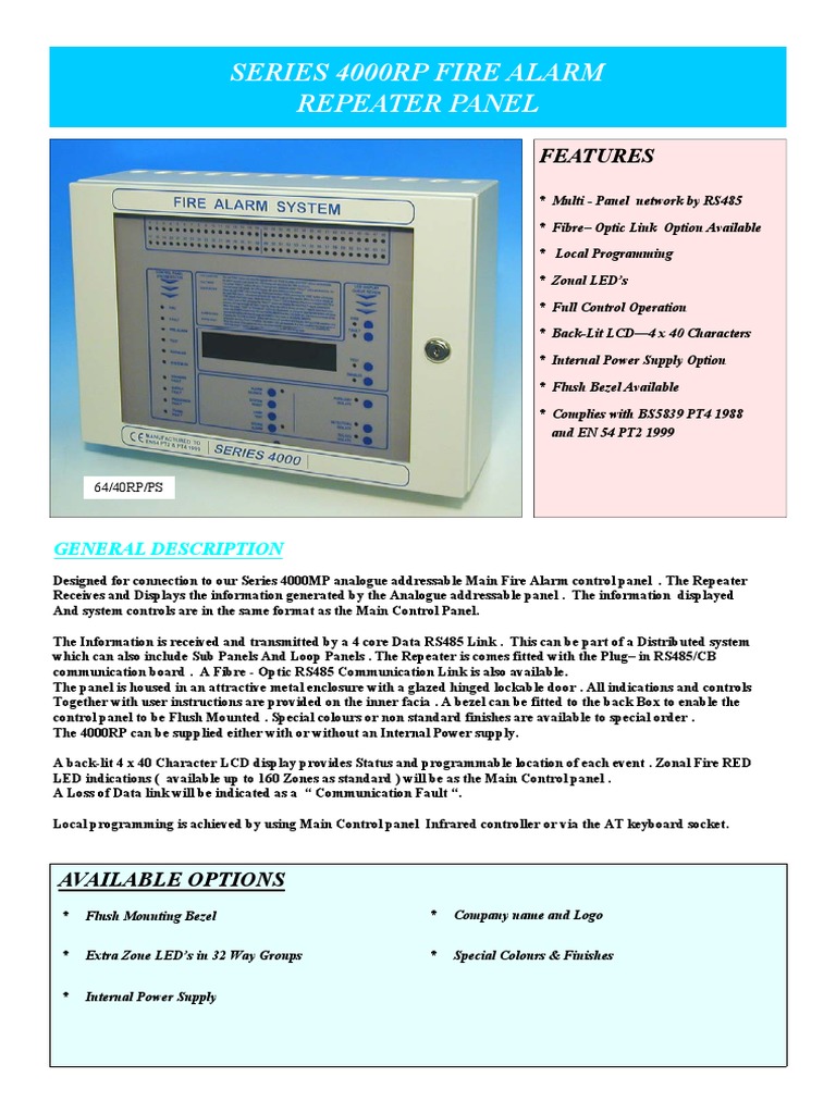 Series 4000Rp Fire Alarm Repeater Panel: Features | PDF | Power Supply ...
