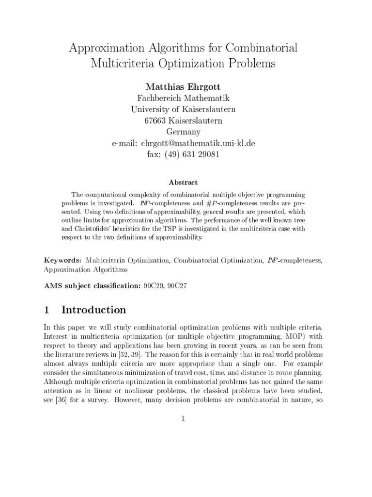 Approximation Algorithms For Combinatorial Multicriteria Optimization Problems | Download Free ...