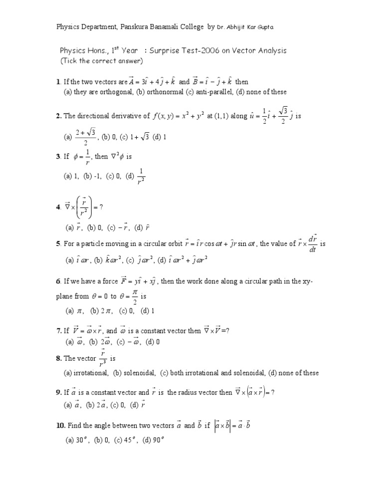 Vector Analysis Test Questions | PDF