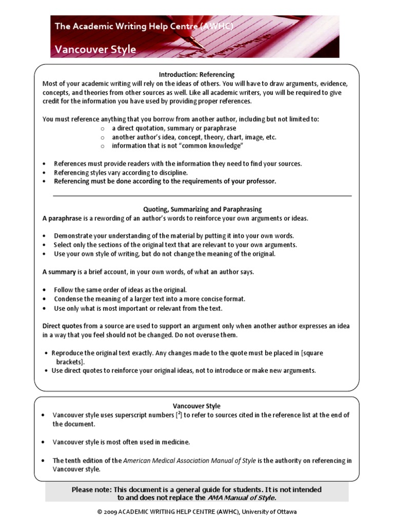 Vancouver Style: The Academic Writing Help Centre (AWHC) | PDF ...