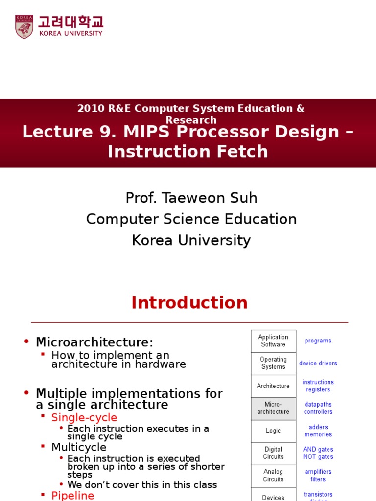 Lecture 9. MIPS Processor Design - Instruction Fetch: Prof. Taeweon Suh Computer Science ...