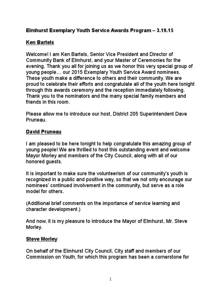2015 Exemplary Youth Service Award Script | PDF | Ymca | Volunteering