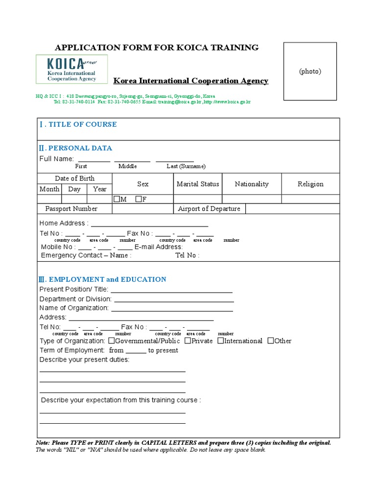 Application Form For Koica Training | Medicine | Medical Specialties