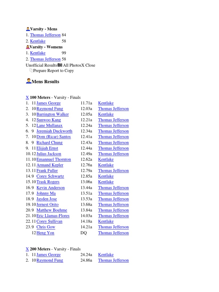 Varsity Track Results: Kentlake vs. Jefferson | PDF | Olympic Sports ...
