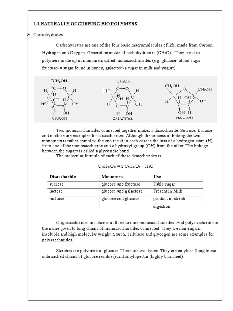 1.1 Naturally Occurring Bio Polymers | PDF | Carbohydrates | Glucose