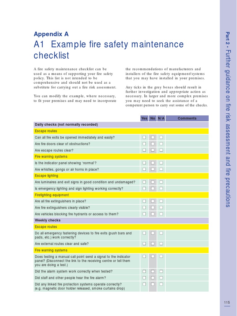 A1 Example fire safety maintenance checklist