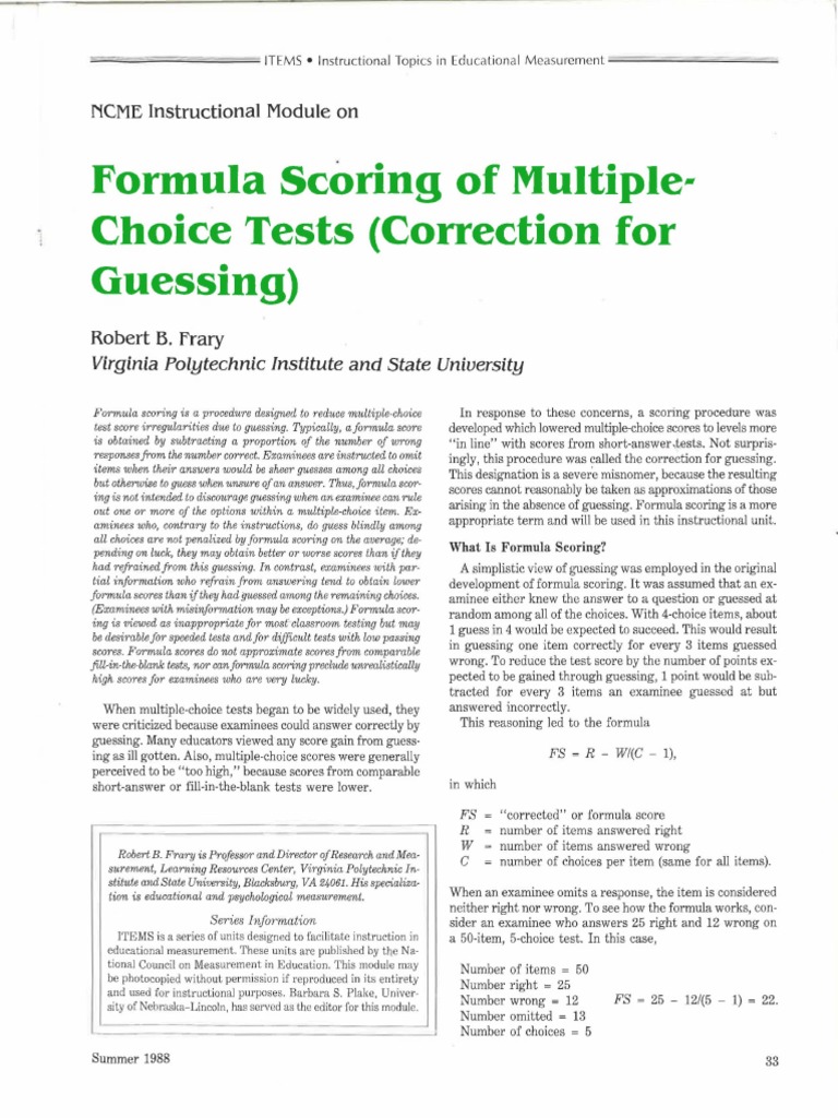 Formula Scoring of Multiple-Choice Tests (Correction For Guessing ...
