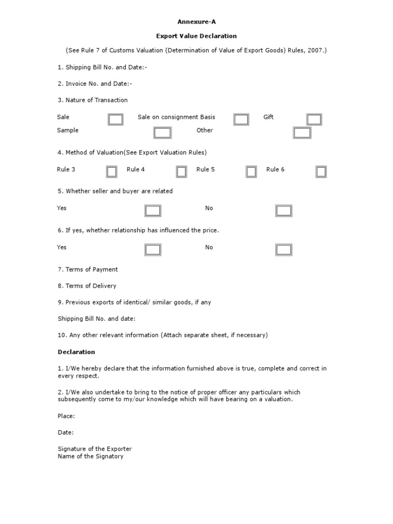 Export Value Declaration Form | PDF