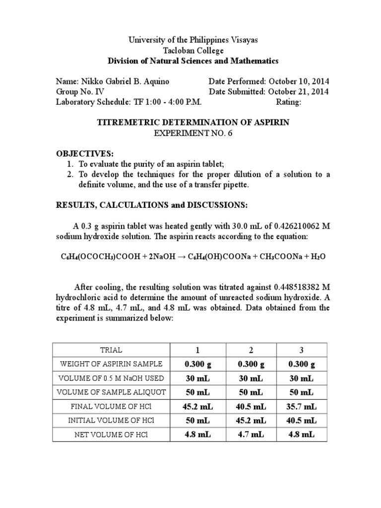 Aspirin Purity Analysis via Titration | PDF | Sodium Hydroxide ...